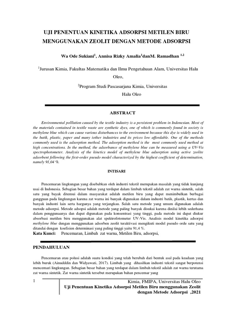 Uji Penentuan Kinetika Adsorpsi Metilen Biru Menggunakan Zeolit Dengan ...