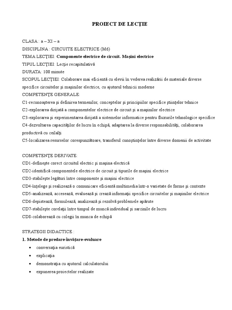 Proiect de Lectie - Componente Electrice de Circuit | PDF