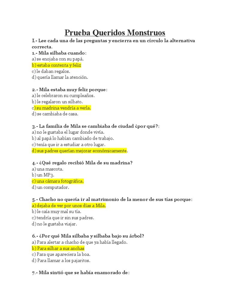 Prueba de Comprensión: Queridos Monstruos | PDF