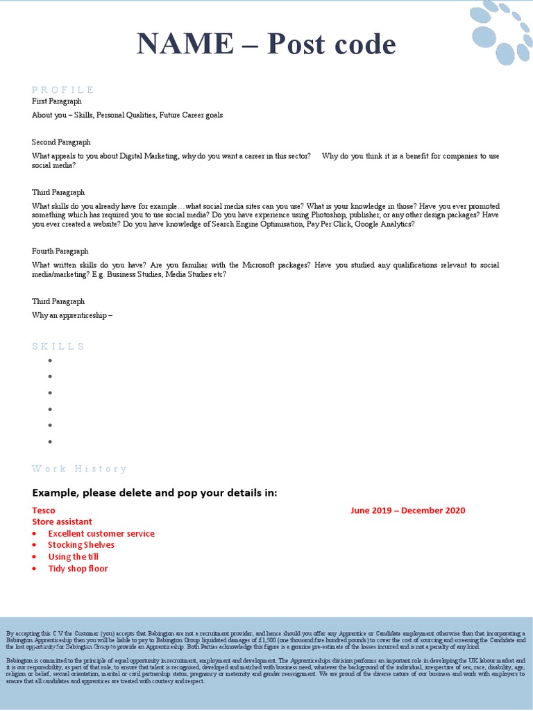 NAME - Post Code: Profile | PDF | Apprenticeship | Gce Advanced Level ...