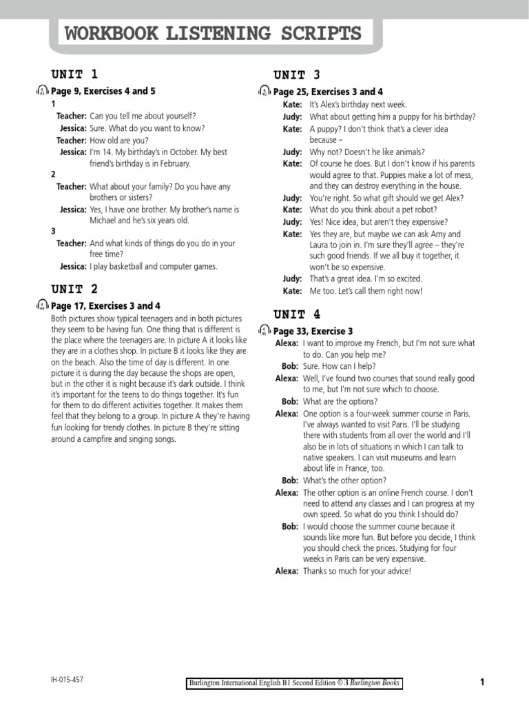 Workbook Listening Scripts: Unit 3 Unit 1 | PDF