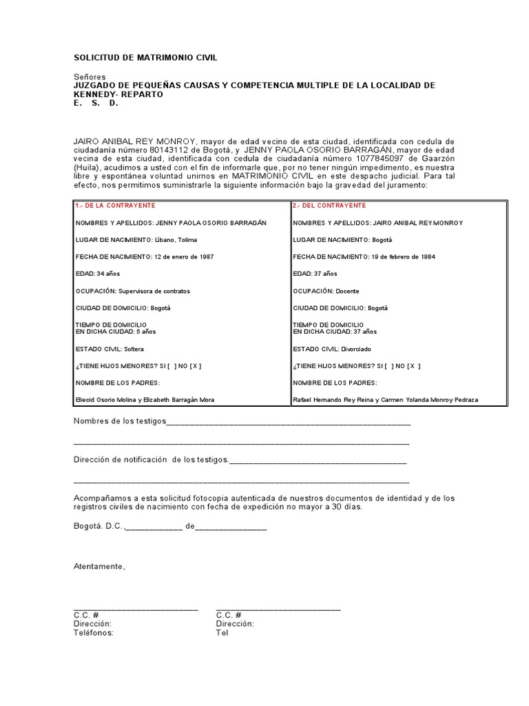 Solicitud de Matrimonio Civil | PDF | Matrimonio civil | Convenciones sociales