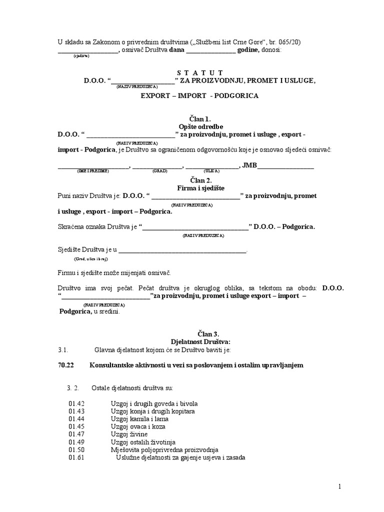 STATUT - Jednoclano - DOO | PDF