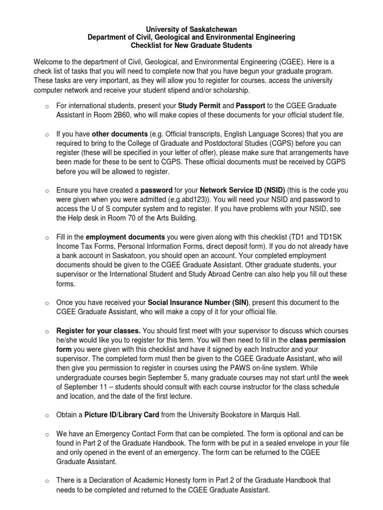 Checklist For New Graduate Students | PDF | Postgraduate Education