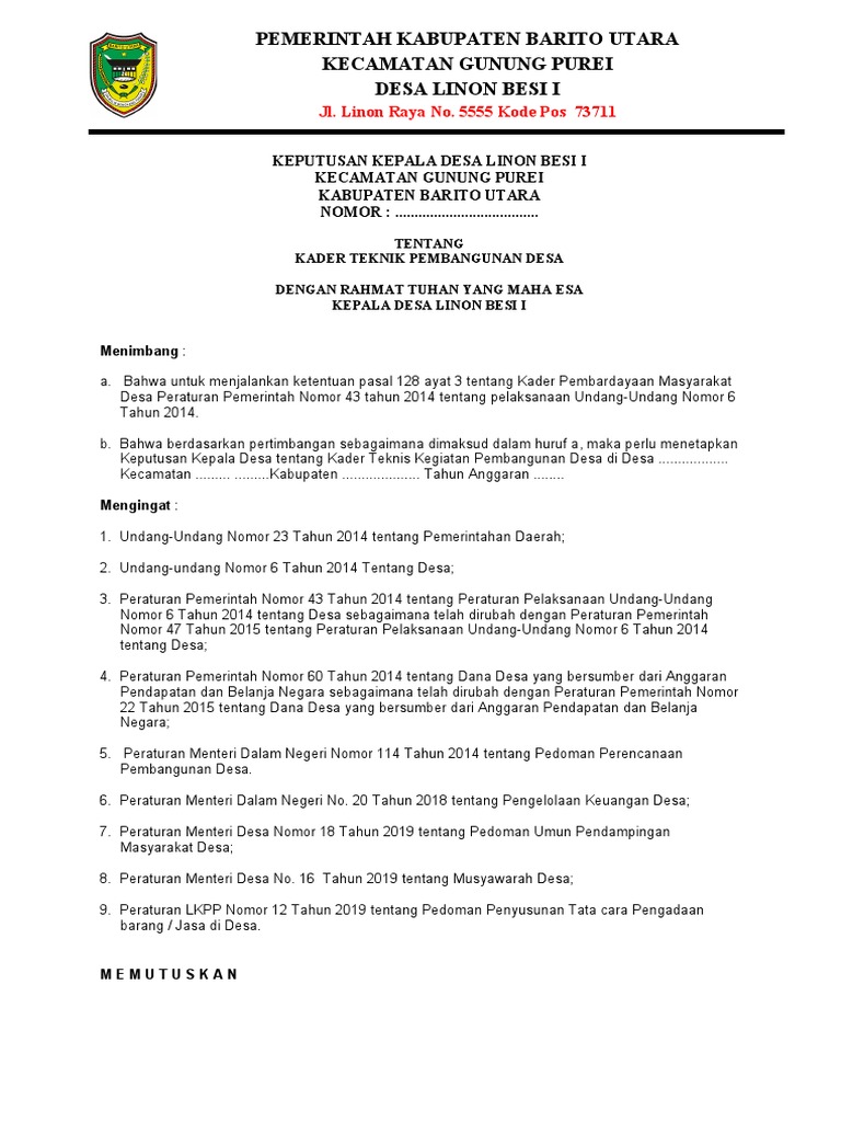 (Contoh) SK KADER TEKNIK DESA-1 | PDF