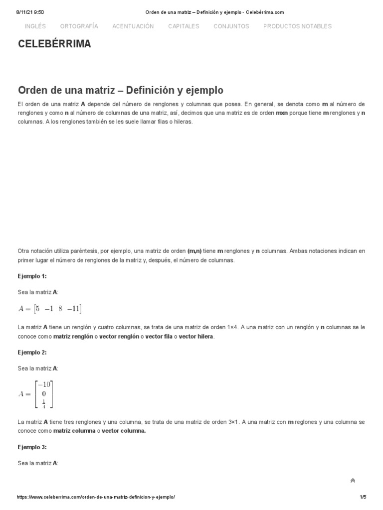 Orden de Una Matriz | PDF | Matriz (Matemáticas) | Multiplicación