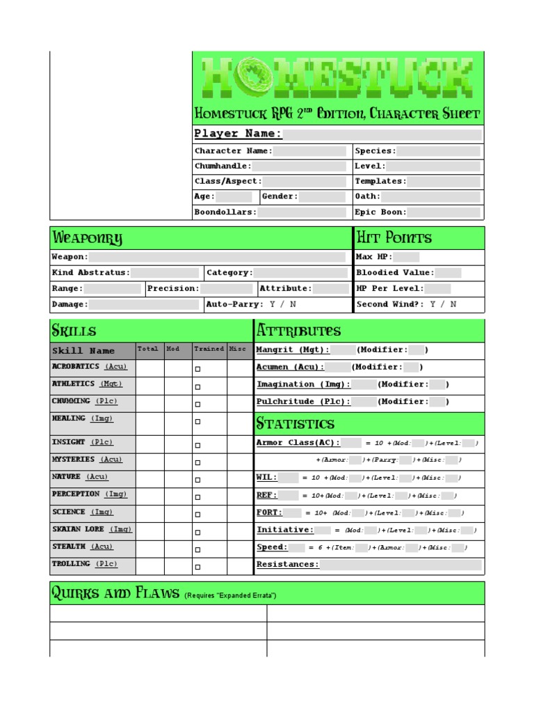 Weaponry Hit Points: Homestuck RPG 2 Edition, Character Sheet | PDF ...