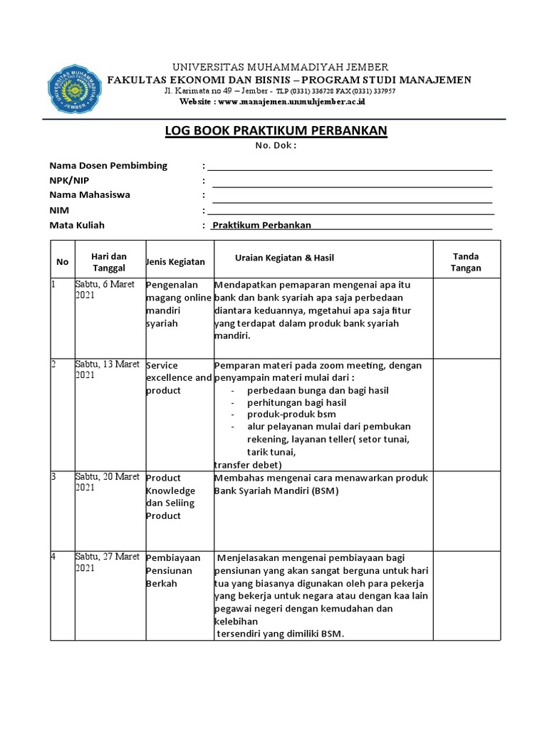 Logbook Praktikum Perbankan Terbaru | PDF