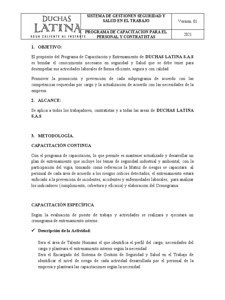 Programa De Capacitacion Y Entrenamiento Pdf Business