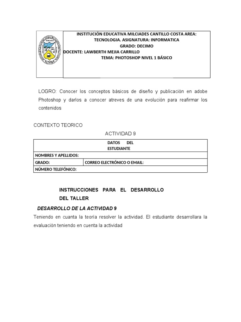 Actividad 9 Informatica Decimo Grado | PDF | Adobe Photoshop | Imagen