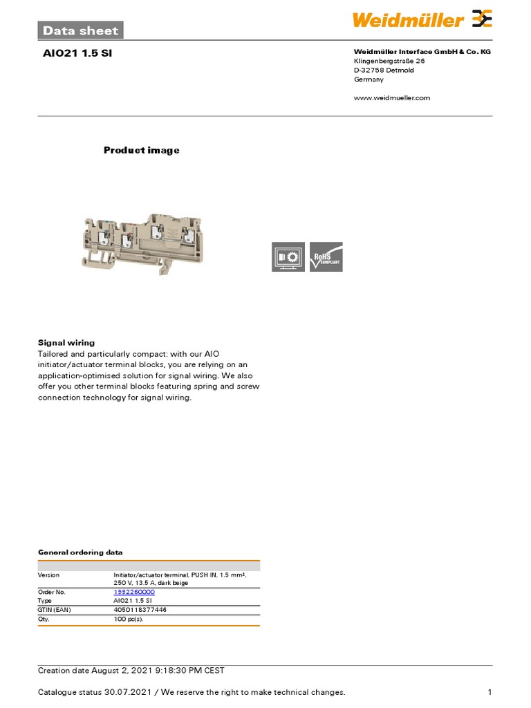 Data Sheet: AIO21 1.5 SI | PDF | Wire | Manufactured Goods