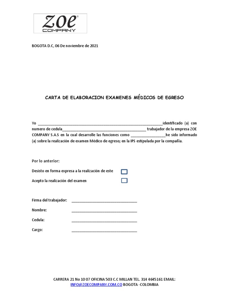 CARTA Examen Medico de Egreso | PDF