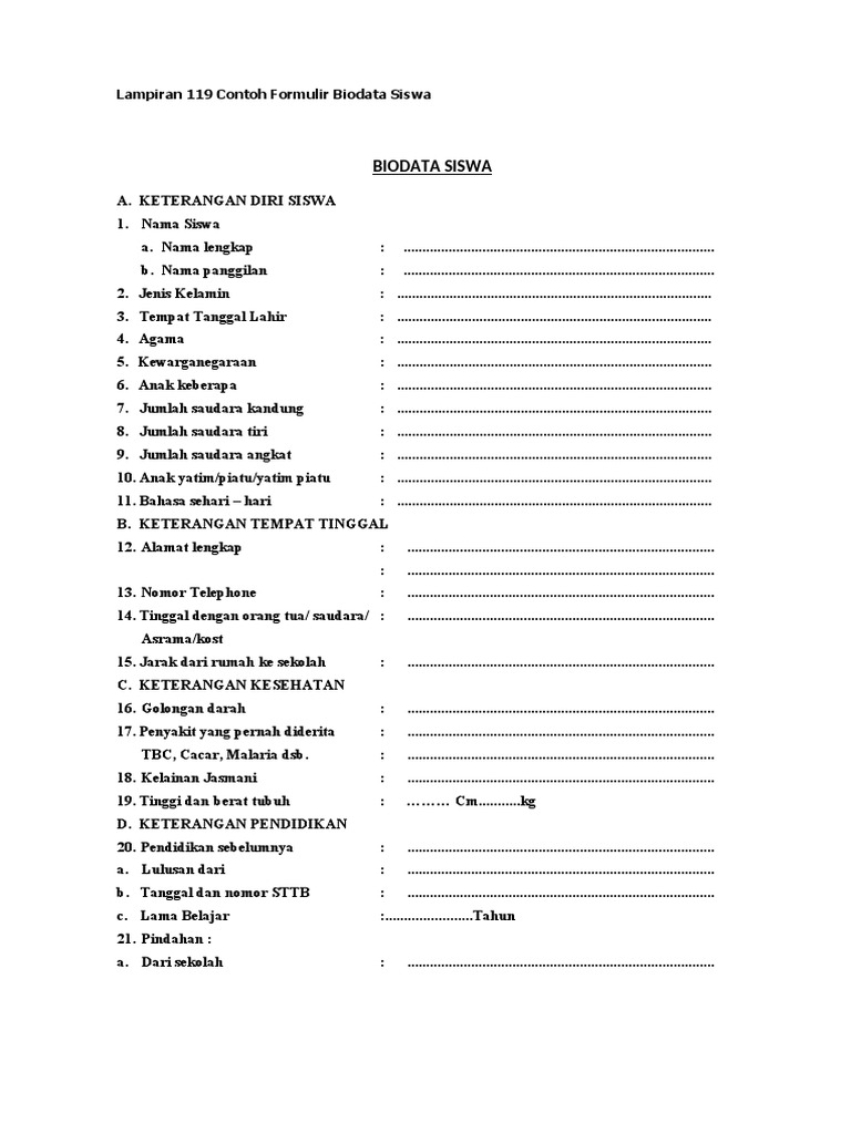 Contoh Formulir Biodata Siswa | PDF