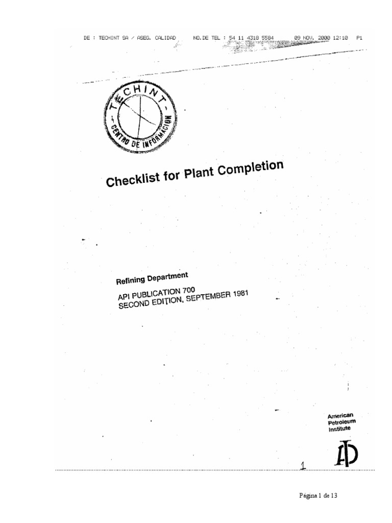 API 700 Checklist For Plant Completion | PDF