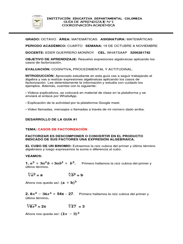 Guía de Matemática Cuarto Período de Octavo | PDF | Factorización ...