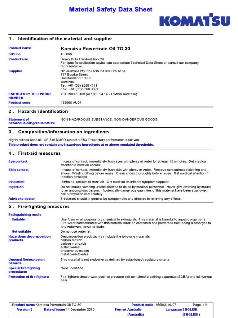 Transmission Oil TO30 MSDS | PDF | Dangerous Goods | Personal ...