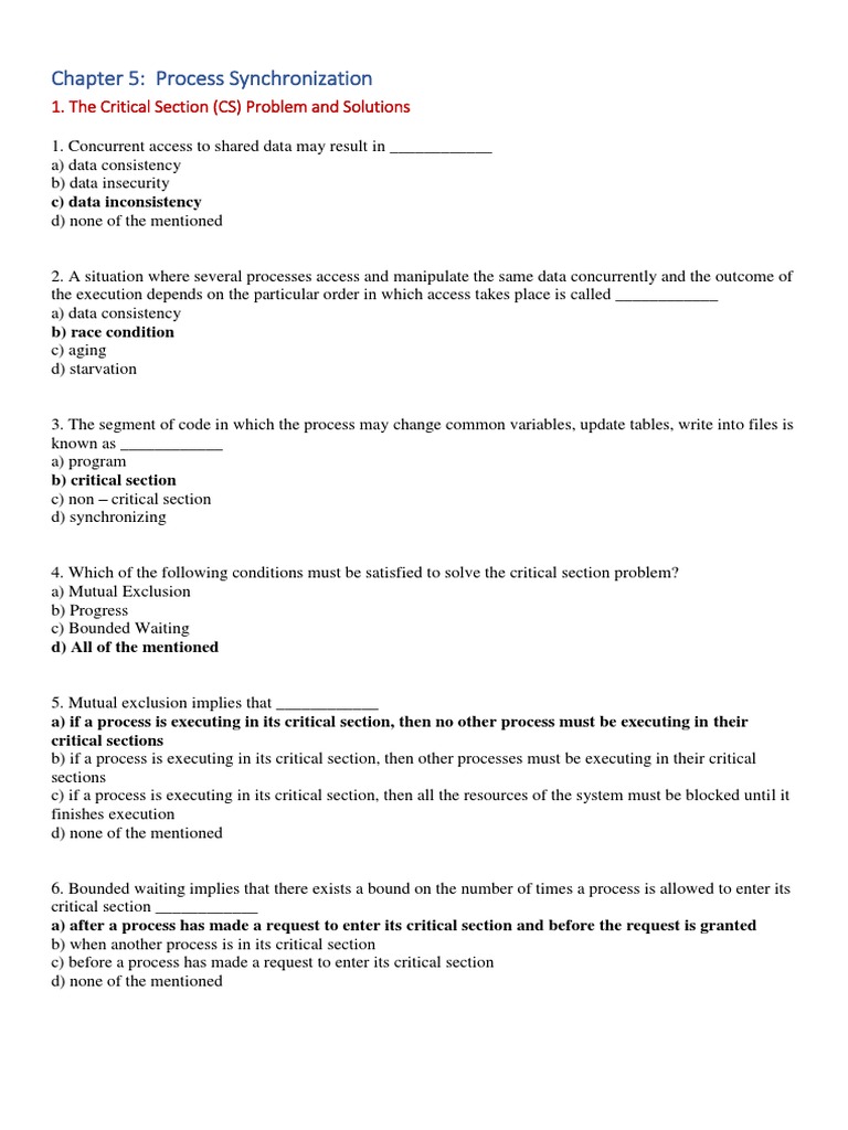 Chapter 5: Process Synchronization: 1. The Critical Section (CS) Problem and Solutions | PDF ...