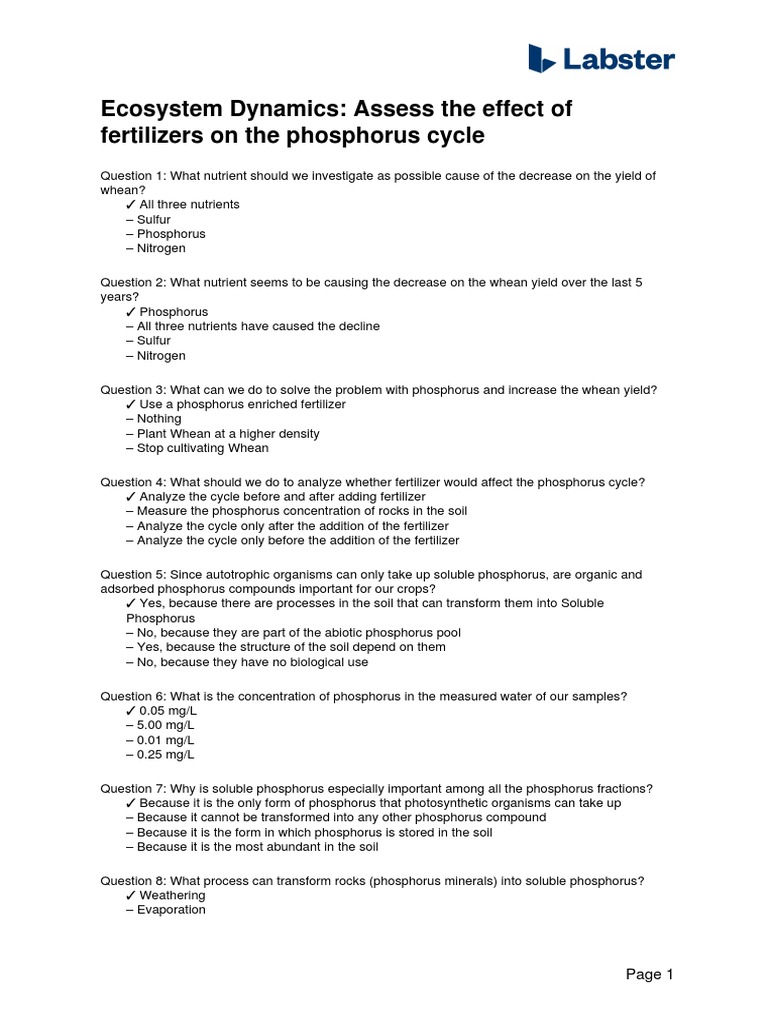 Questions Ecosystem Dynamics Assess The Effect of Fertilizers On The ...
