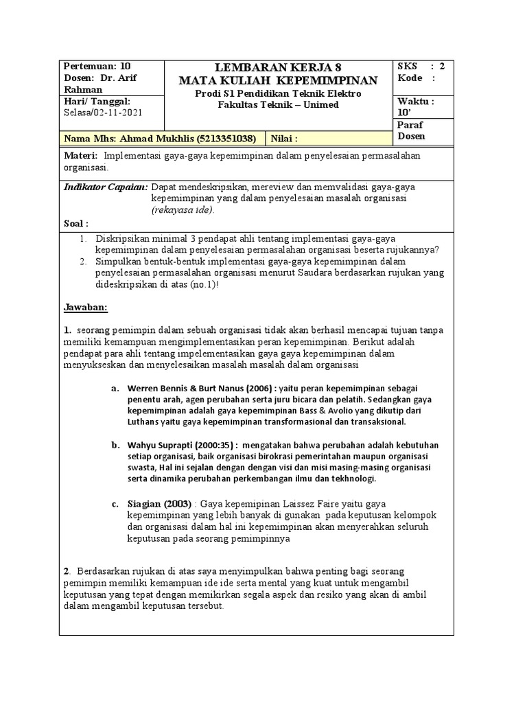 LK 8 Kepemimpinan (Ahmad Mukhlis) | PDF