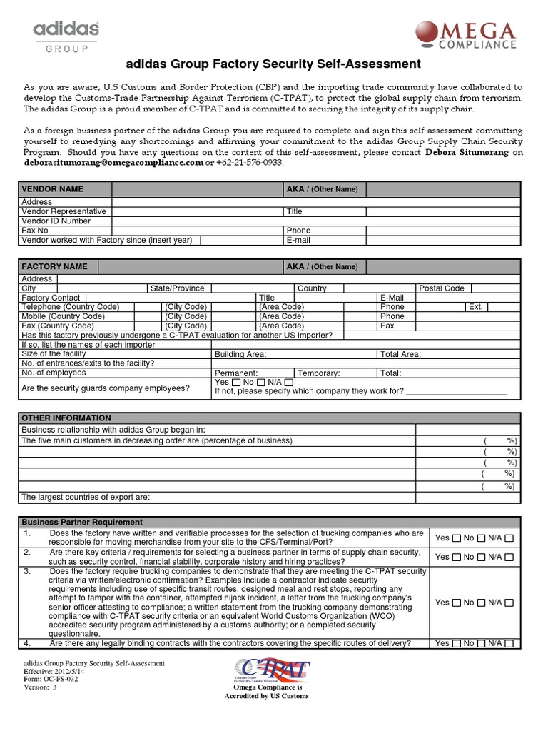 Adidas Self Assessment - Security System (C-TPAT) | PDF | Identity Document