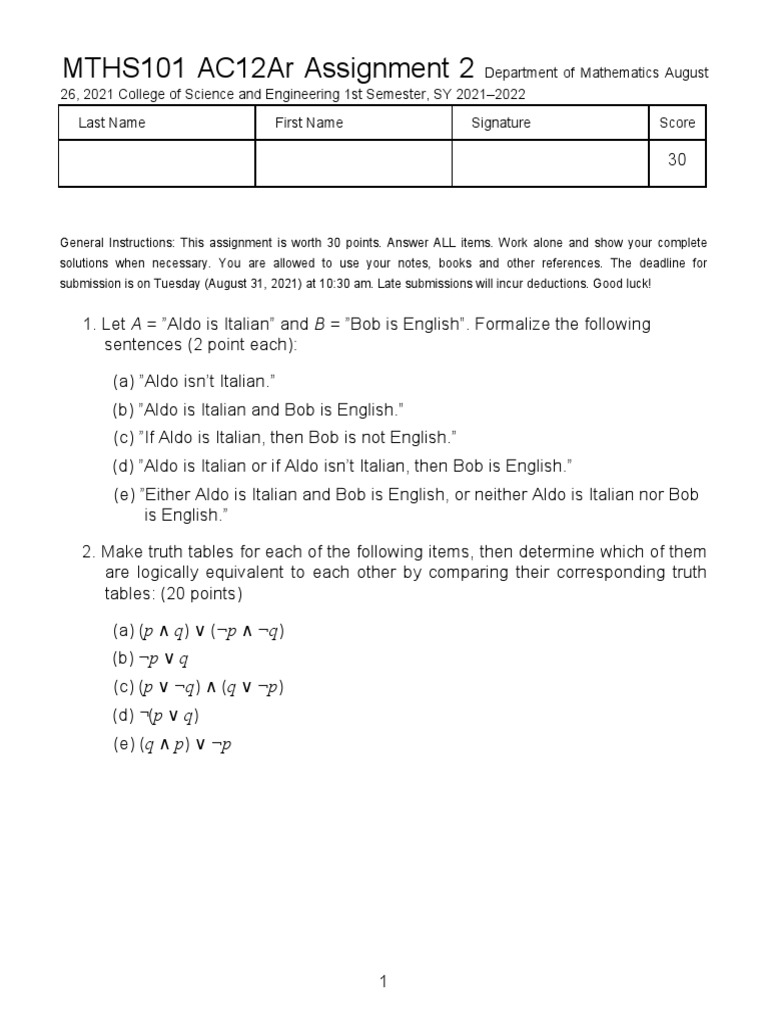 MTHS101 - Assignment 2 | PDF