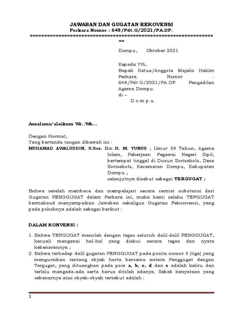 Jawaban Dan Gugatan Rekonvensi Awaluddin | PDF