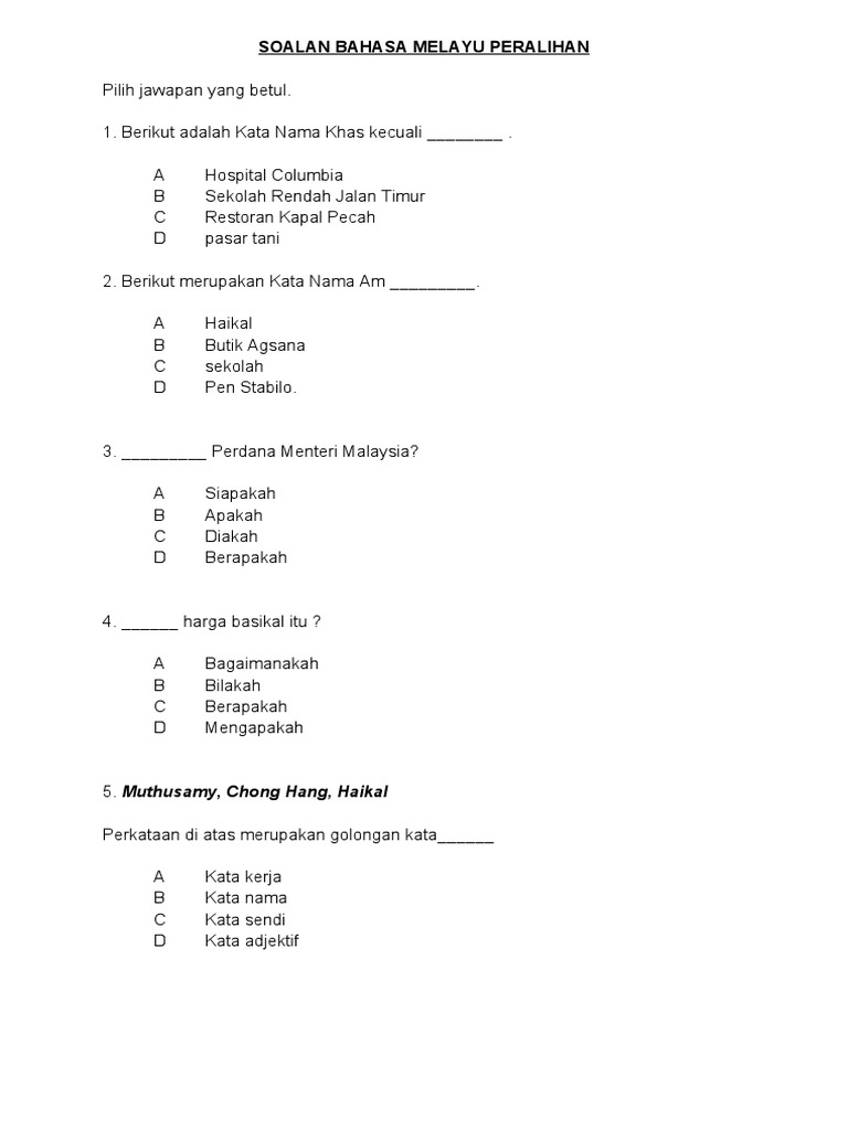 Soalan Bahasa Melayu Peralihan | PDF