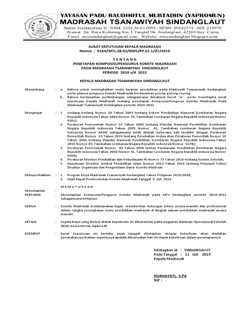 Contoh SK Komite Madrasah | PDF