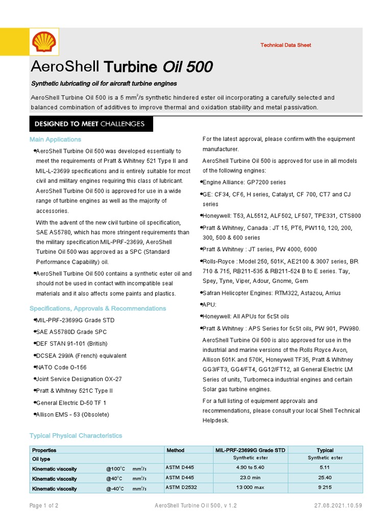 Aeroshel 500 Datasheet | PDF | Motor Oil | Engines