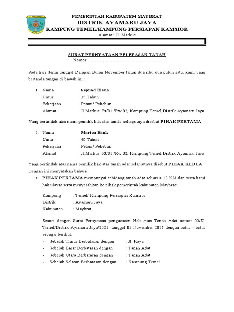Surat Pelepasan Tanah Adat | PDF