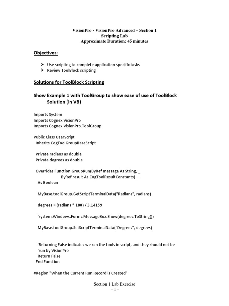 Objectives:: Visionpro - Visionpro Advanced - Section 1 Scripting Lab Approximate Duration: 45 ...