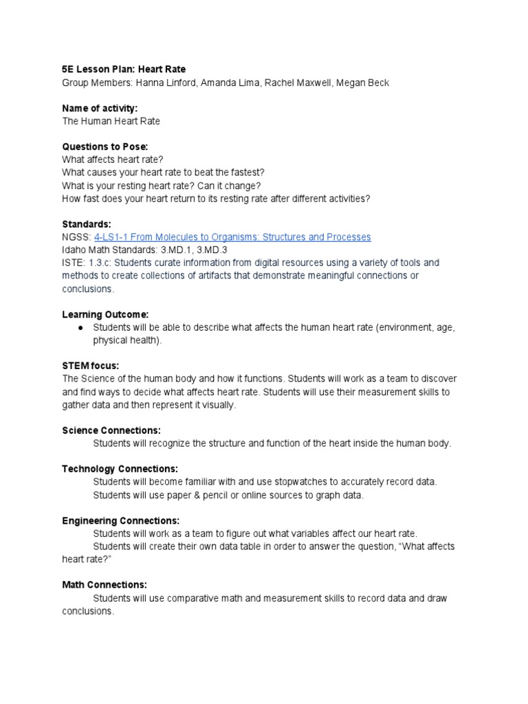 5e Lesson Plan | PDF | Heart Rate | Data