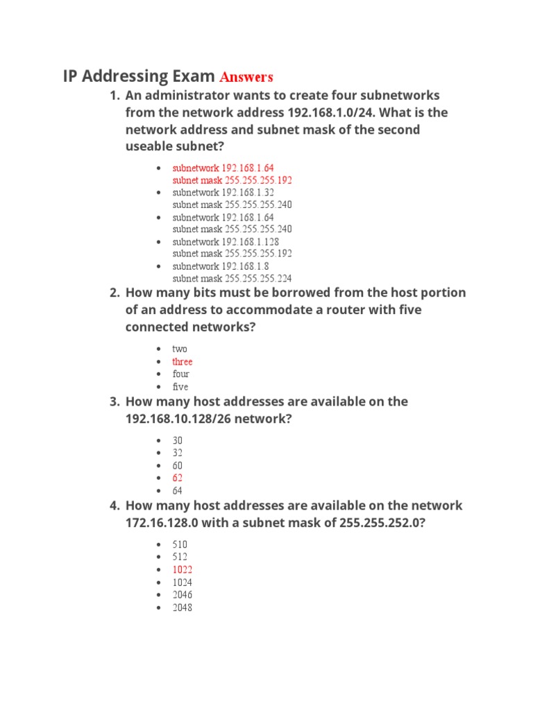 IP Addressing Exam | PDF | Ip Address | I Pv6