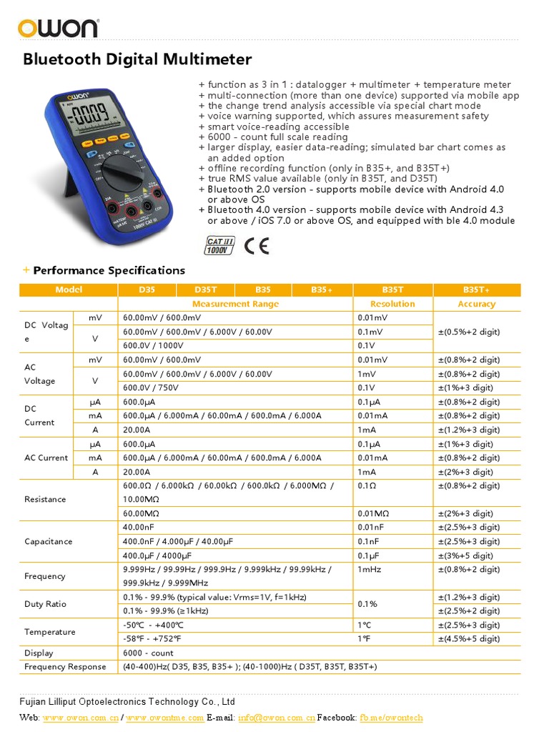 OWON 35 Multimeter With Bluetooth Spec Sheet | PDF | Electromagnetism ...