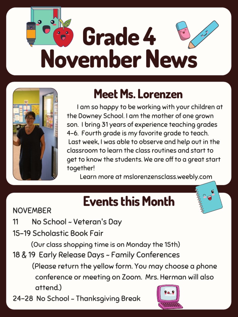 Colourful Cute Kawaii Cartoon Elementary Classroom Newsletter | PDF