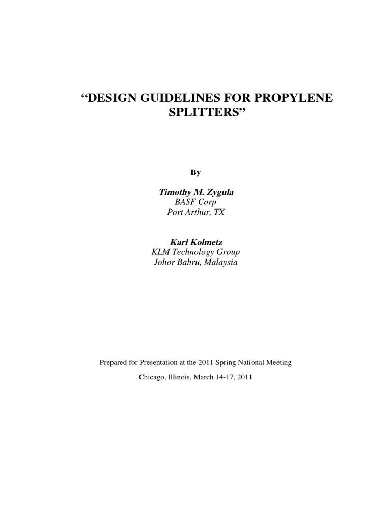 Propylene Splitter Design Guidelines | PDF | Distillation | Chemistry