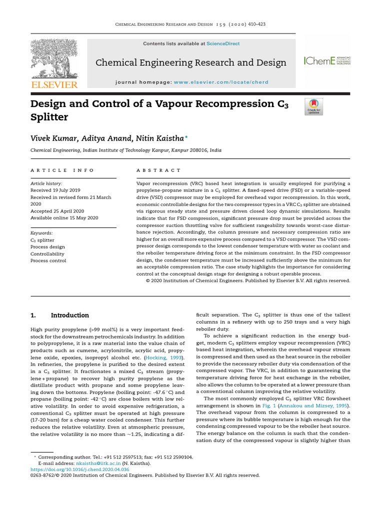 Design and Control of A Vapour Recompression C3 Splitter | PDF ...