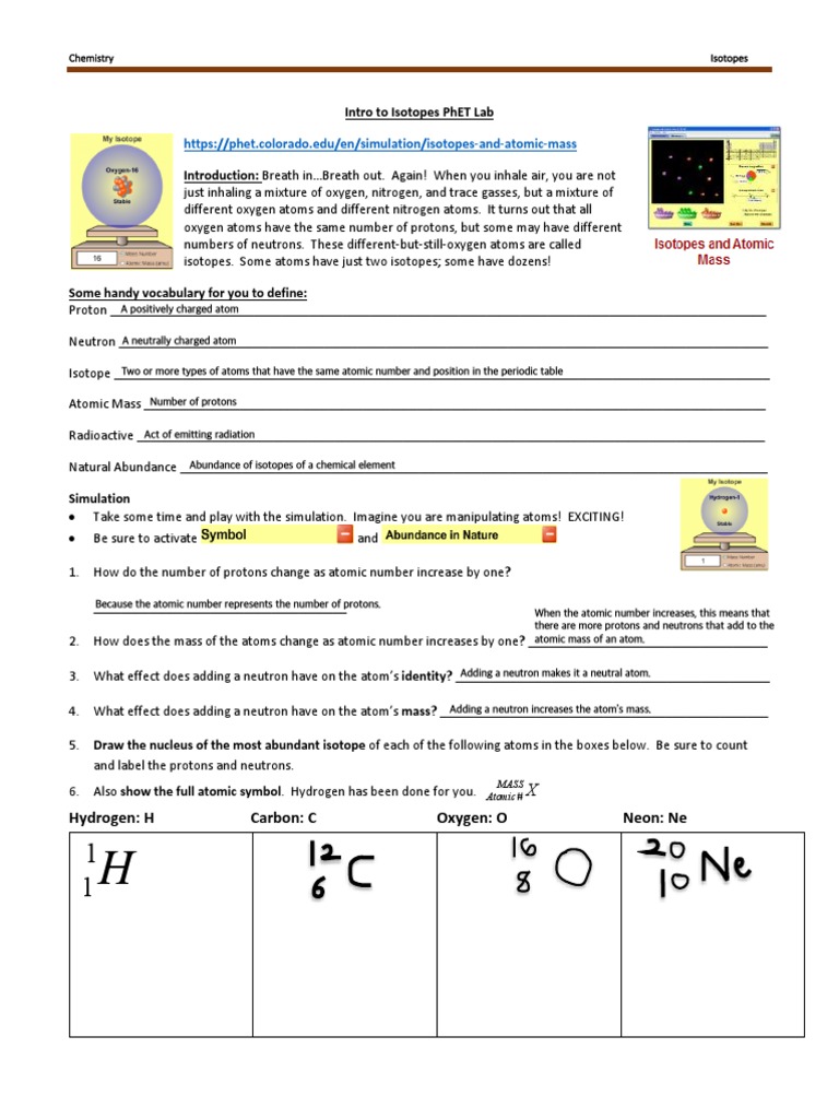 Intro To Isotopes Phet Lab: Hydrogen: H Carbon: C Oxygen: O Neon: Ne ...
