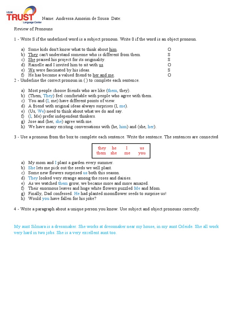 Extra Exercises - Book 2 - Pronouns Review | PDF | Pronoun | Syntax