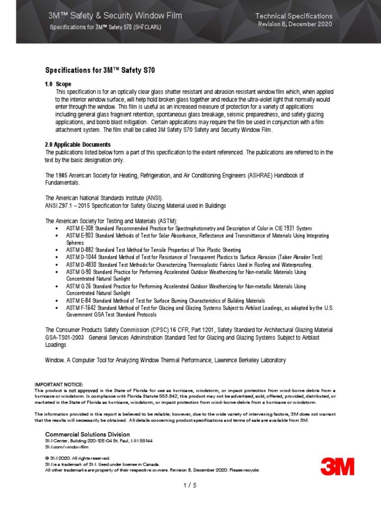 Specifications For 3M™ Safety S70 | PDF | Adhesive | Glasses