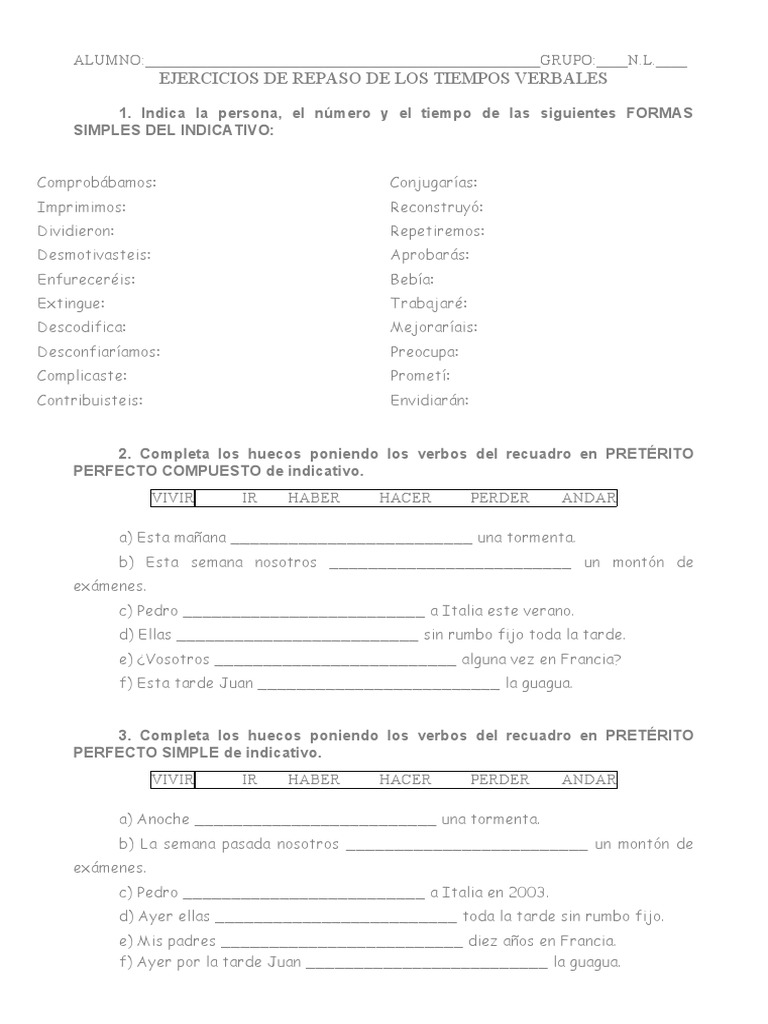 Ejercicios de Repaso de Tiempos Verbales | PDF | Verbo