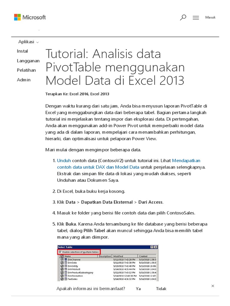 Analisis Data PivotTable Menggunakan Model Data Di Excel 2013 - Excel | PDF