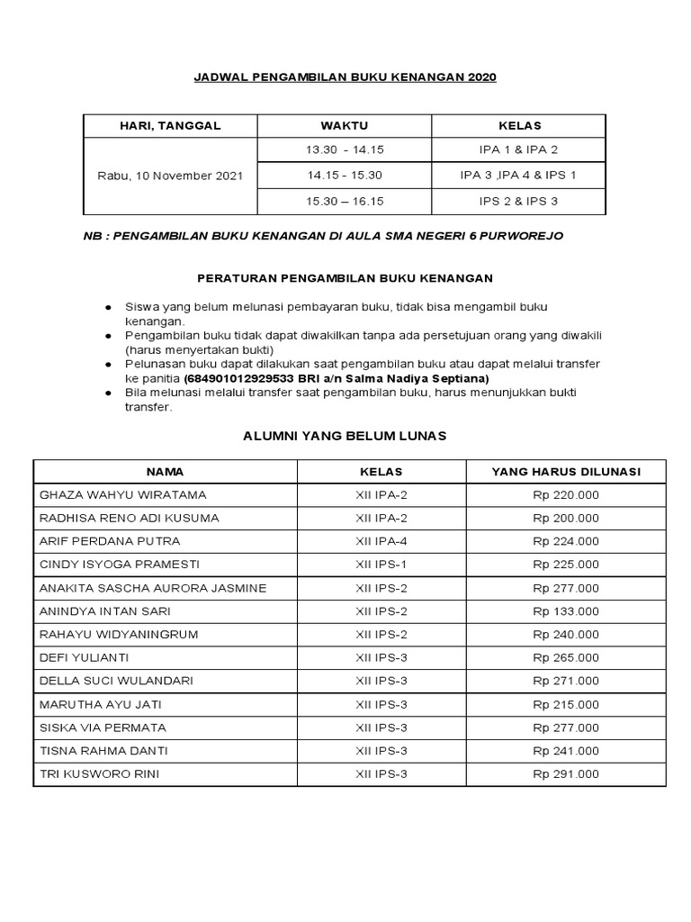 Jadwal Pengambilan Buku Kenangan 2021 | PDF
