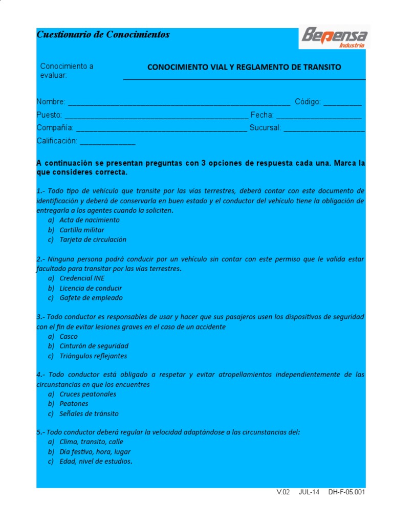 Cuestionario de Conocimientos Viales | PDF | Camión | Licencia de conducir