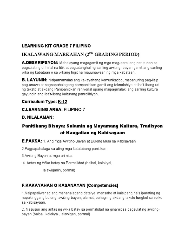 Learning Kit Grade 7 Filipino | PDF