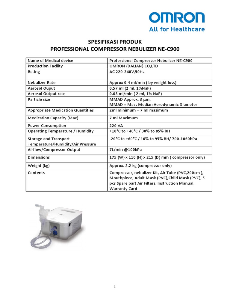 Spesifikasi OMRON Nebulizer Compressor C900 | PDF
