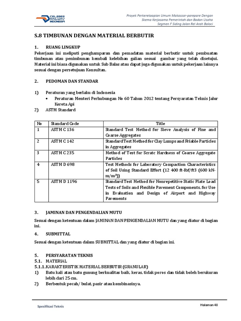 Spesifikasi Material Timbunan Kereta Api | PDF | Teknologi & Rekayasa