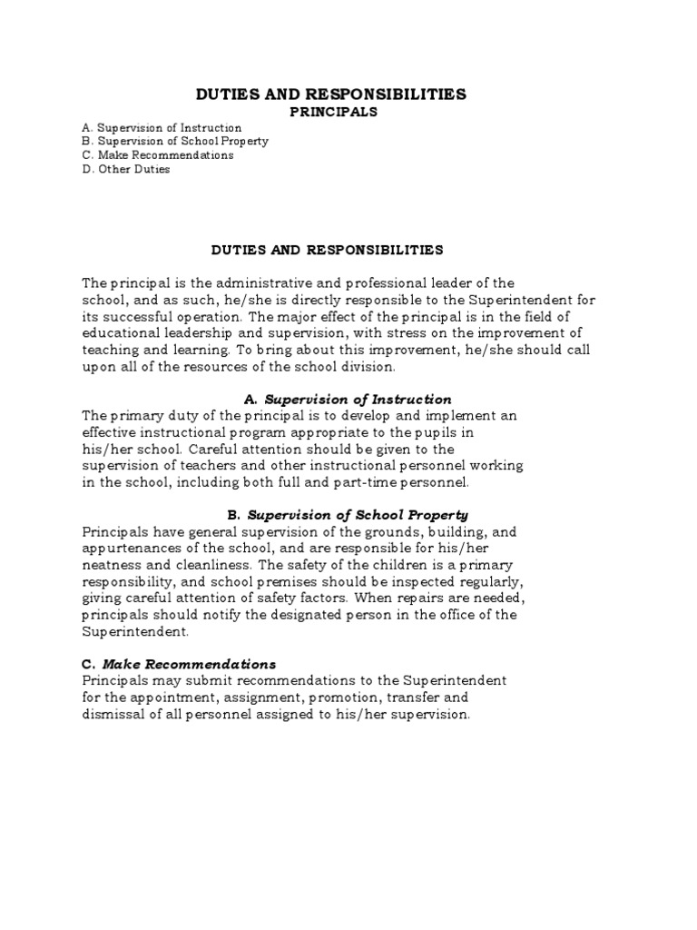 Principal Duties and Responsibilities | PDF | Teachers