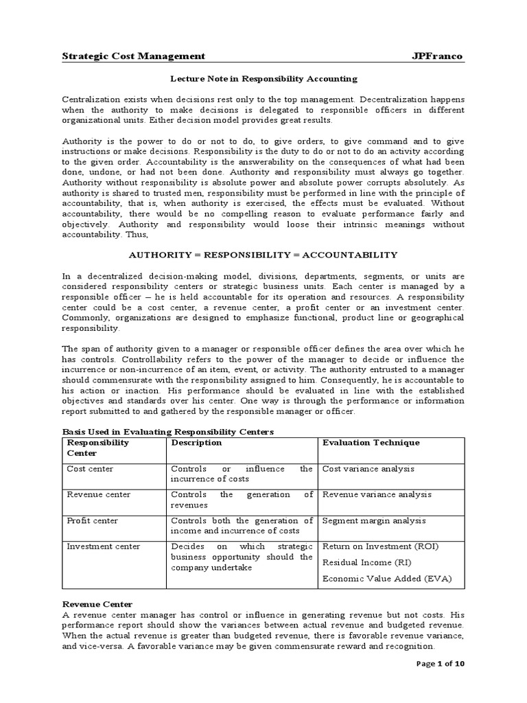 Strategic Cost Management Jpfranco: Lecture Note in Responsibility ...