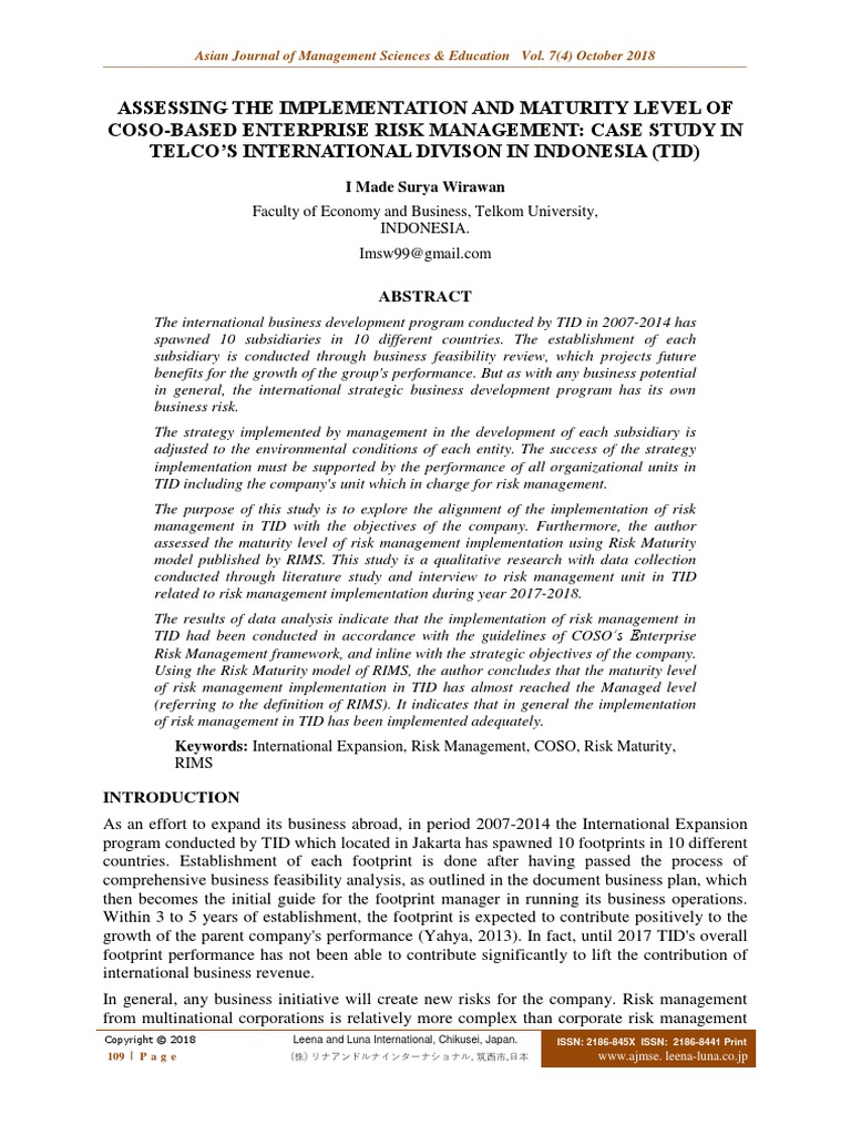 Assessing The Implementation and Maturity Level of Coso-Based ...